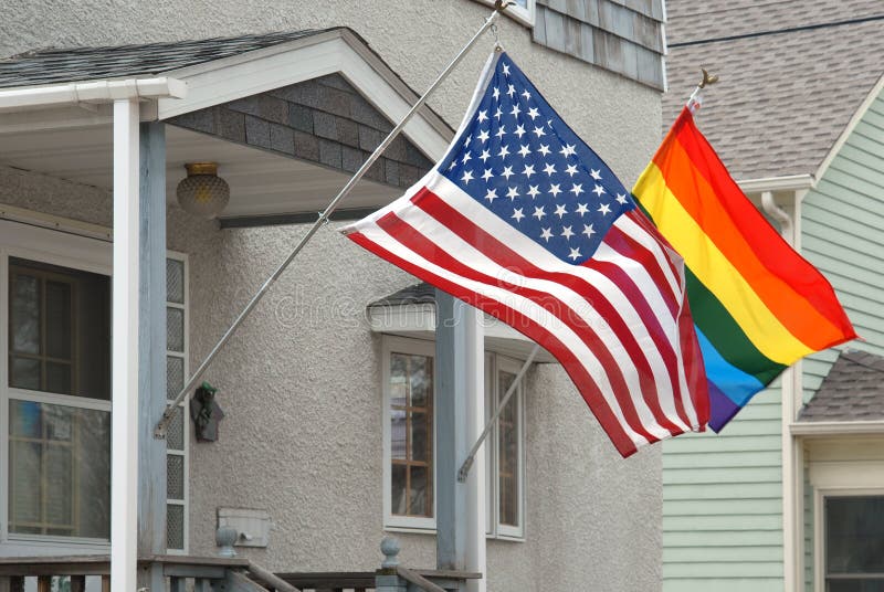 Rainbow and American Flags. Stock Photo - Image of purple, stripes ...