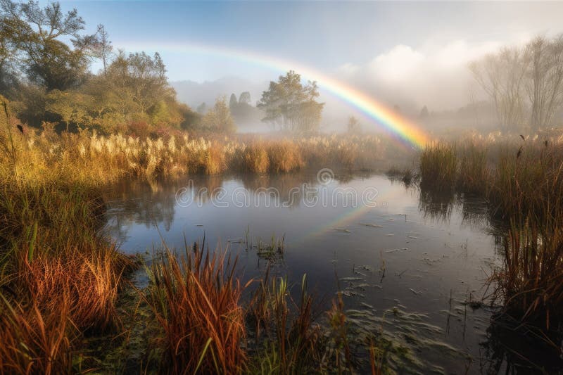Rainbow Appearing Over a Wetland, with Mist Rising from the Water Stock ...