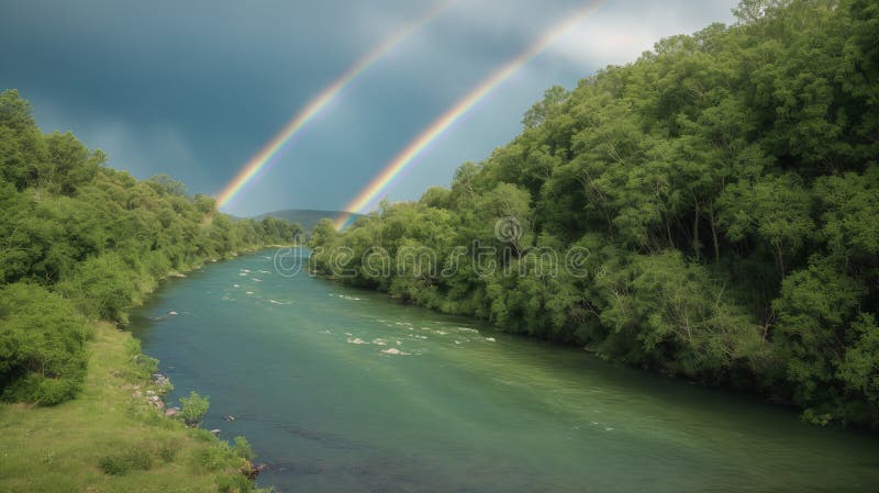 A Rainbow Appears Over a River in the Woods Stock Illustration ...
