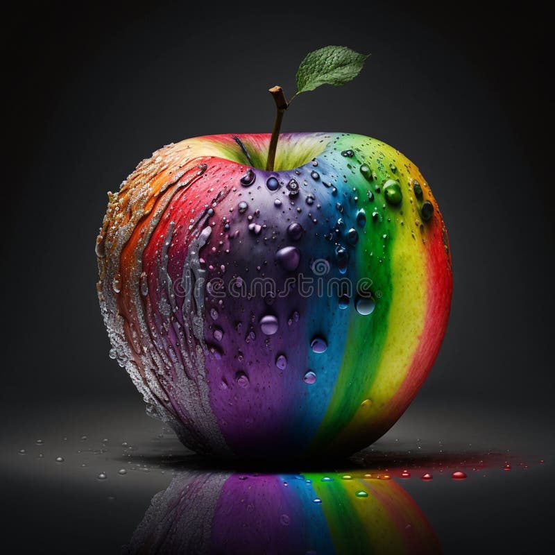 Rainbow Apple with Reflection and Water Drops Stock Illustration ...