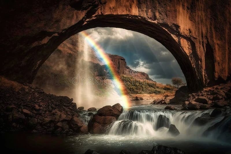 Rainbow Arched Over the Waterfall, with Rays of Light Shining through ...