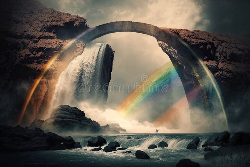 A Rainbow Arches Over a Waterfall, with Mist Billowing from the Water ...