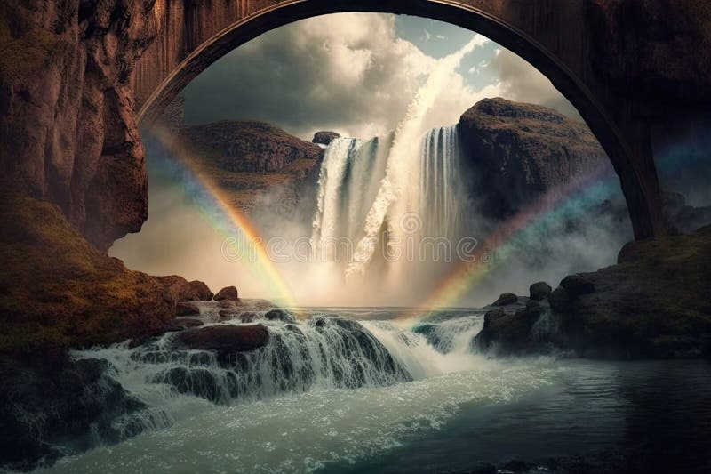 A Rainbow Arches Over a Waterfall, with Mist Billowing from the Water ...