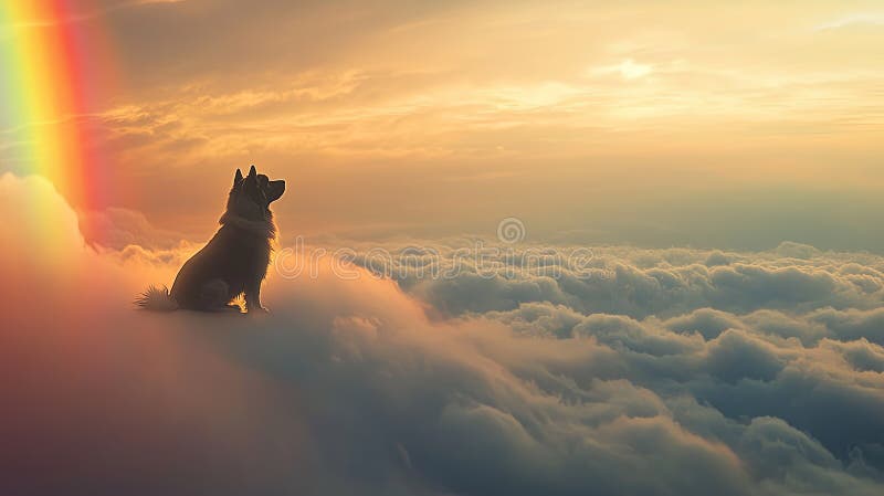 A Rainbow Arching Over a Dog Standing at the Edge of the Clouds Stock ...