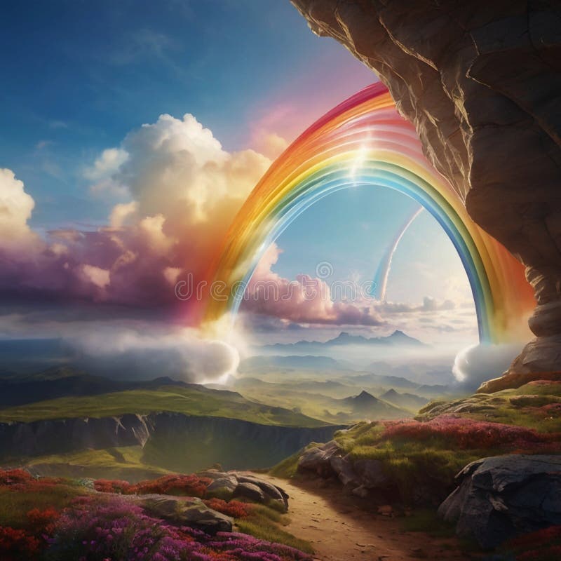 A Rainbow Arching Over a Green Valley, Viewed from Inside a Cave ...