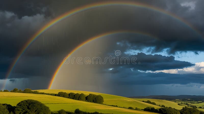 A Rainbow Arching Over the Irish Hills after a Gentle Rain Shower Stock ...