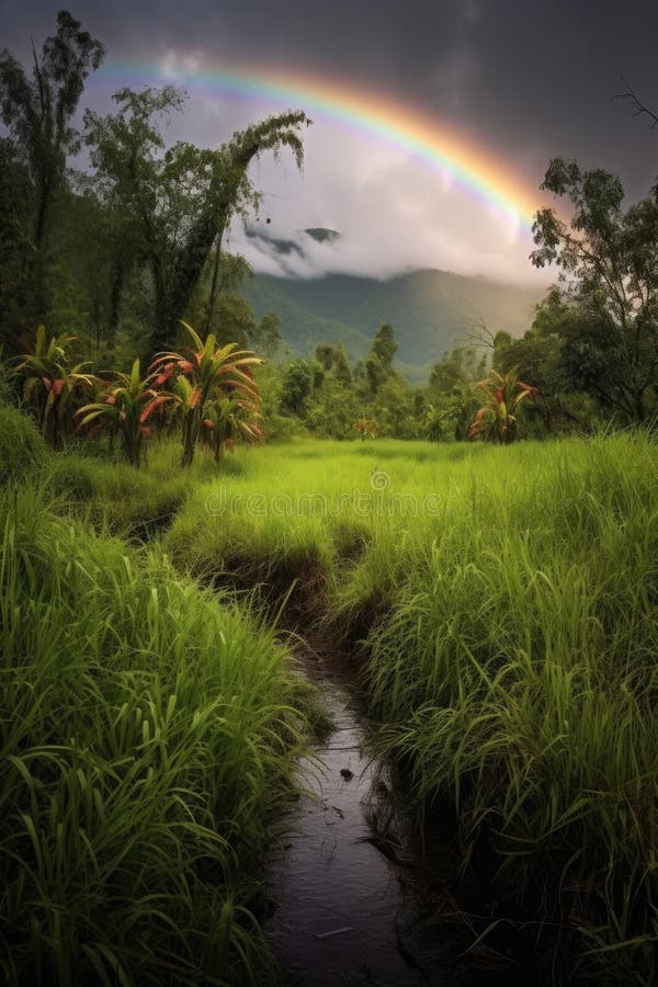 Rainbow Arching Over a Lush Green Landscape after Rainfall Stock ...