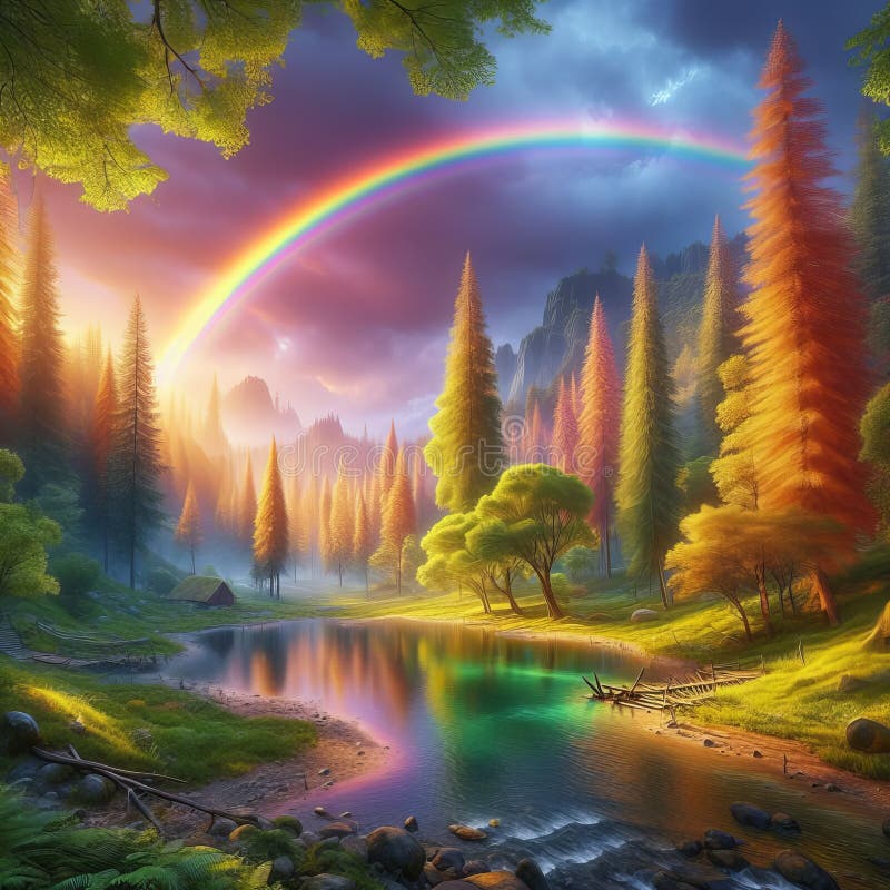 A Rainbow Arching Over a Tranquil Forest Clearing, Bathing Th Stock ...