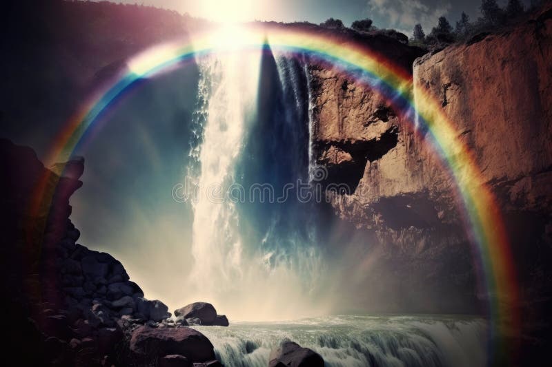 Rainbow Arching Over a Waterfall, with the Sun Shining through Stock ...