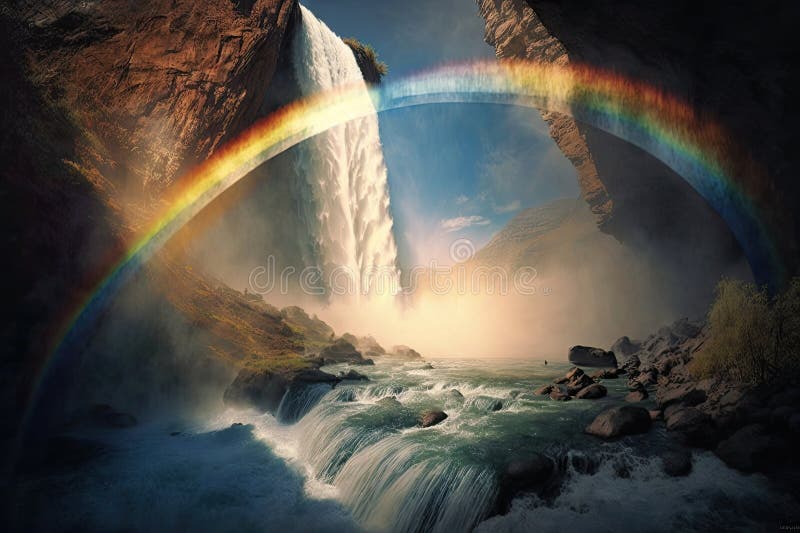 Rainbow Arching Over a Waterfall, with the Sun Shining through Stock ...