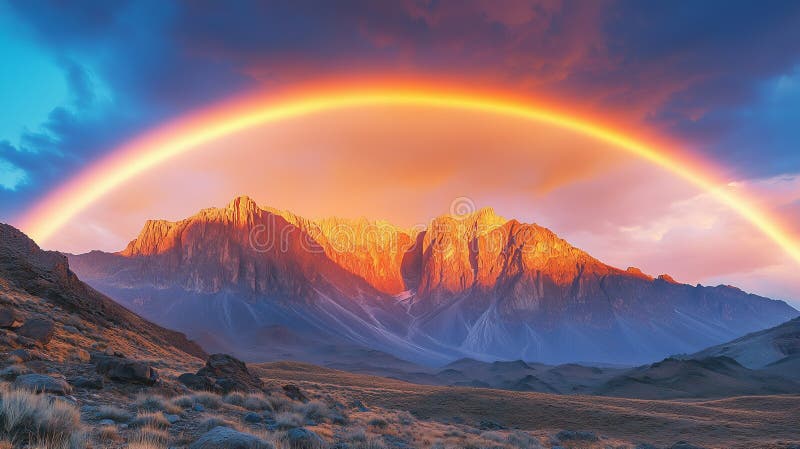 Rainbow Arcing Over Majestic Mountain Ranges at Sunset Stock Photo ...