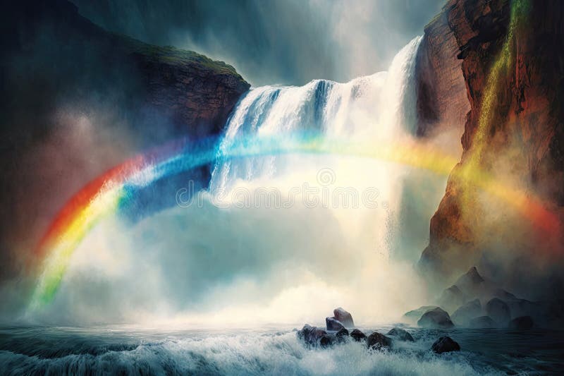Rainbow Arcing Over Roaring Waterfall, with Mist Rising from the Water ...