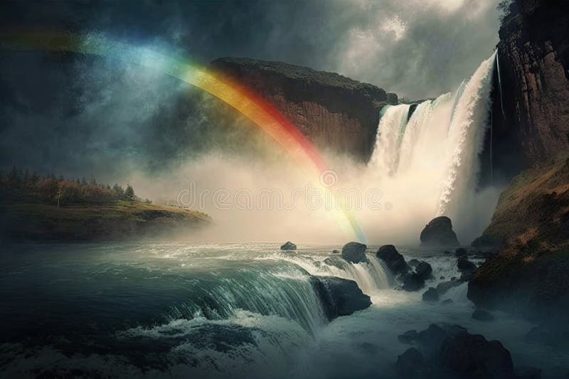 Rainbow Arcing Over Roaring Waterfall, with Mist Rising from the Water ...
