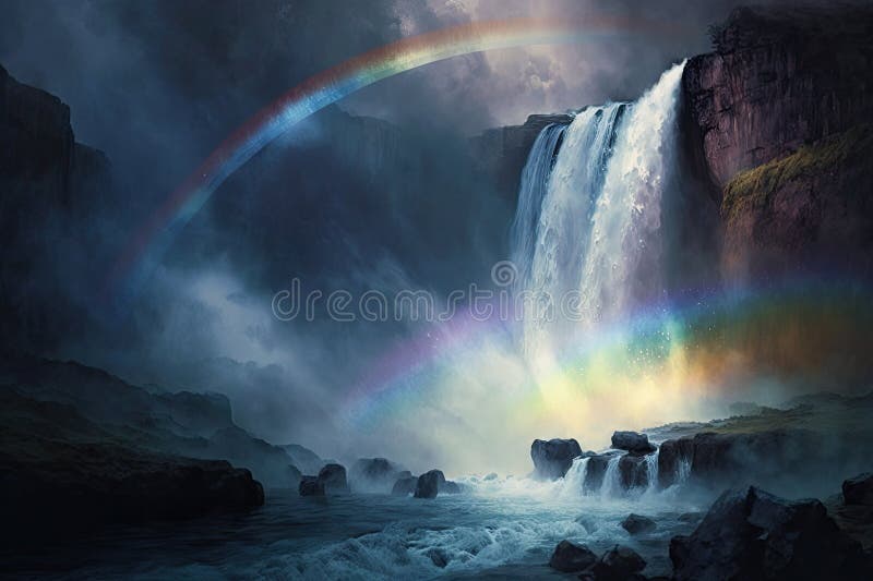A Rainbow Arcing Over a Waterfall, with Mist and Rain Adding To the ...
