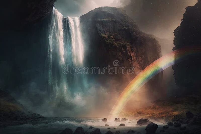 A Rainbow Arcing Over a Waterfall, with Mist and Rain Adding To the ...