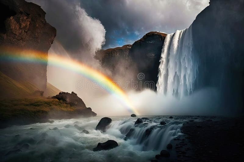 Rainbow Arcing Over a Waterfall, with Mist Rising from the Water Stock ...