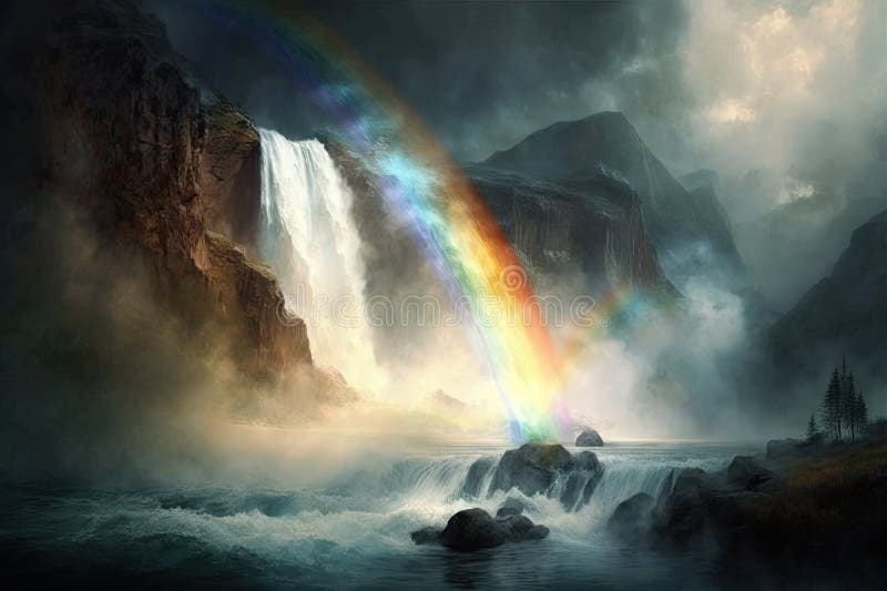 Rainbow Arcing Over a Waterfall, with Mist Rising from the Water Stock ...