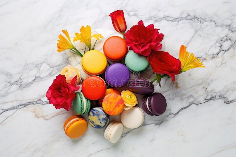 A Rainbow Arrangement of Macarons on a White Marble Surface Stock Photo ...