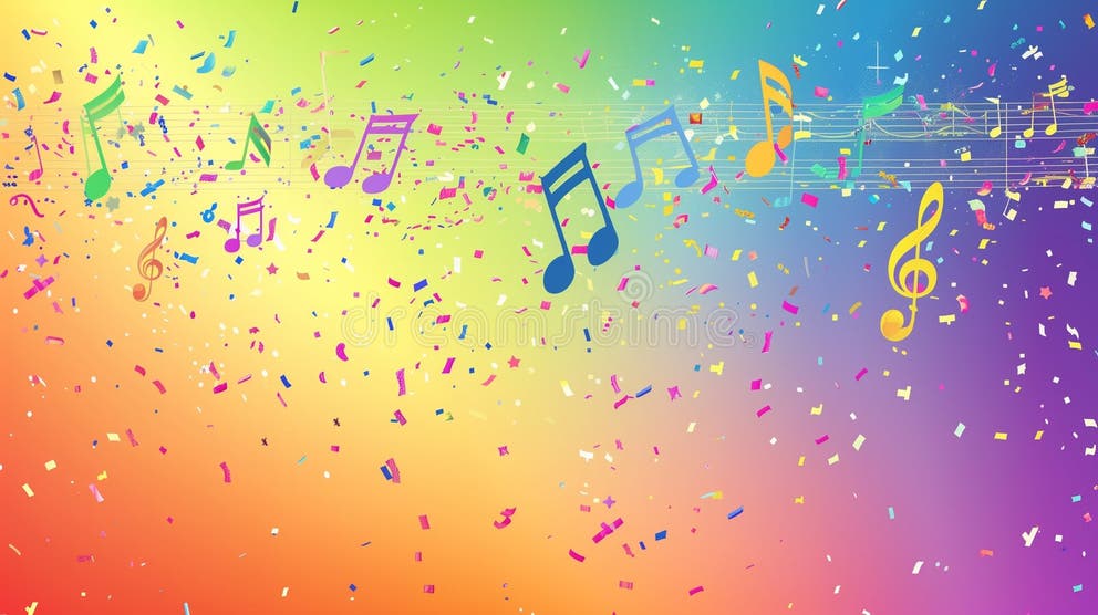 Rainbow Background with Musical Notes and Confetti Stock Illustration ...
