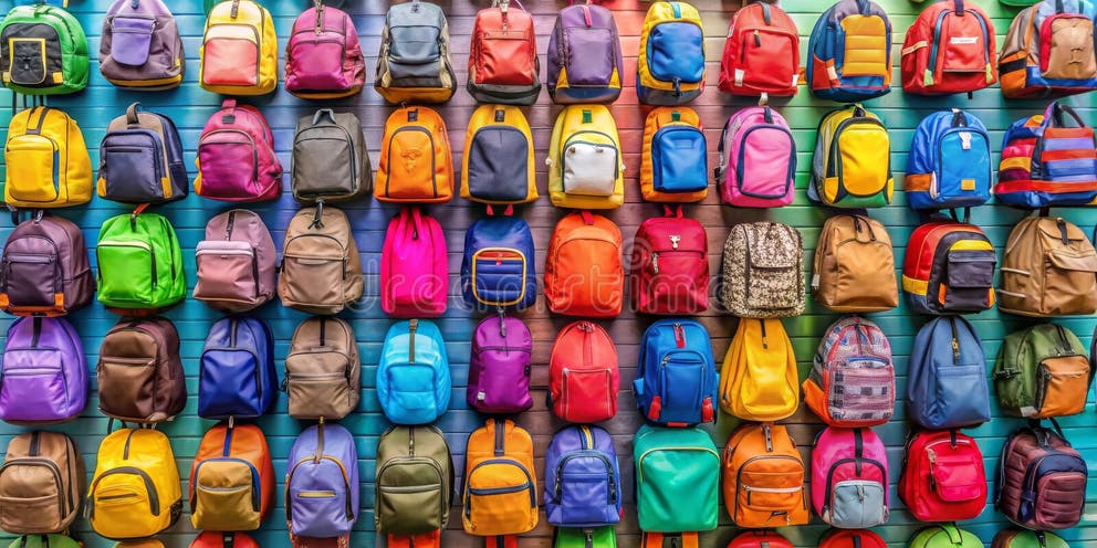 Rainbow of Backpacks a Colorful Wall of Practicality and Style Stock ...