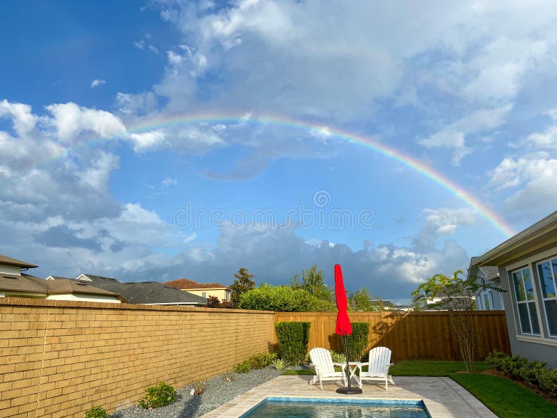 A Rainbow in a Backyard with a Pool Editorial Photo - Image of mindful ...