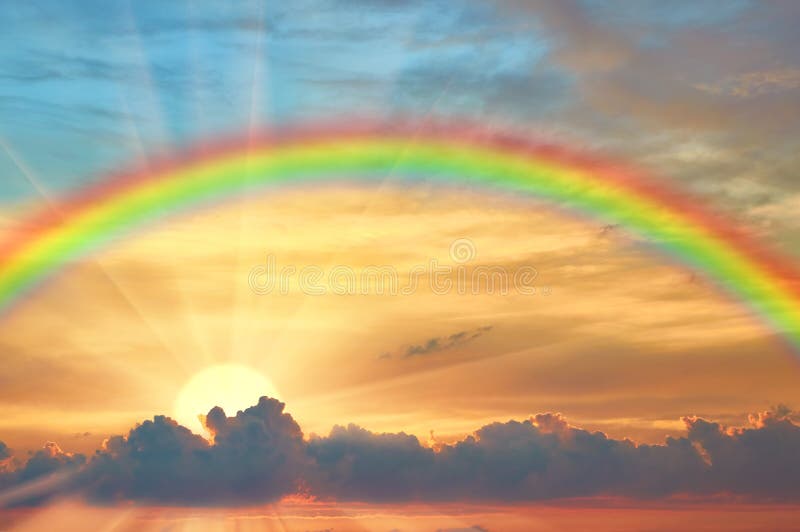 Beautiful Sunset Sky with the Sun, Rainbow and Sun Rays Stock Image ...