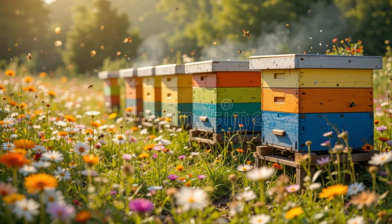 Rainbow Bee Hives Standing in a Sunlit Wildflower Meadow. Stock Image ...