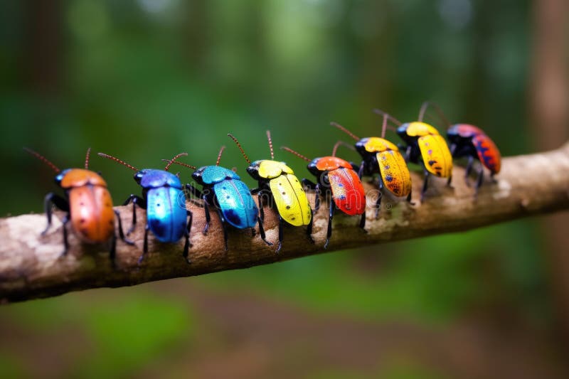 Rainbow of Beetles Arranged by Color on a Branch Stock Illustration ...