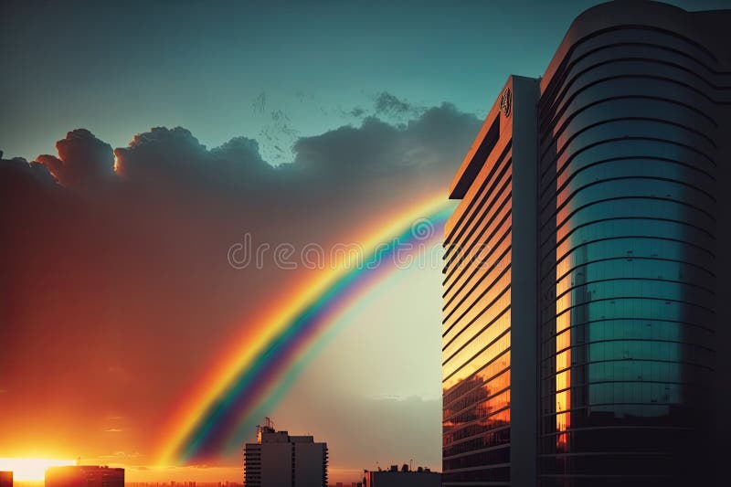 Rainbow Behind a High-rise Building, with the Sun Setting in the ...
