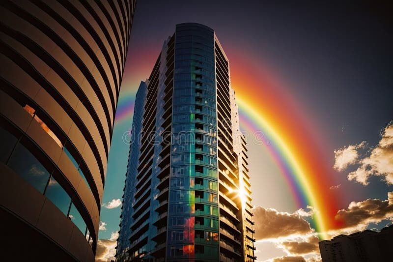 Rainbow Behind a High-rise Building, with the Sun Setting in the ...