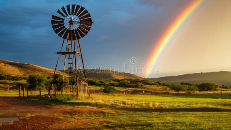 Rainbow behind a windmill stock illustration. Illustration of blue ...