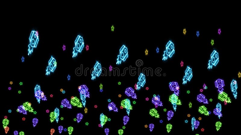 Rainbow Big Rockets and Tiny Small Neon Light Sign Elements Slow Flying ...