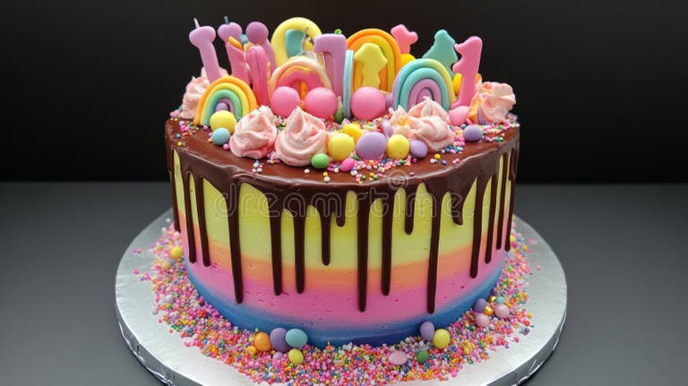 Rainbow Birthday Cake with Chocolate Drizzle and Sprinkles Stock ...