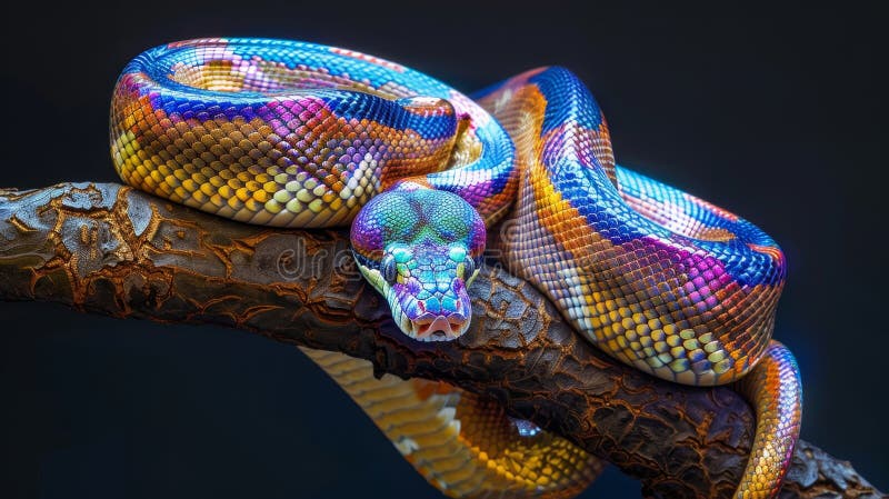 Rainbow Boa Constrictor Vibrant Iridescent Scales Coiled on Branch in ...