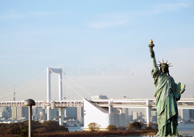 Rainbow Bridge and Odaiba Statue of Liberty Stock Photo - Image of ...