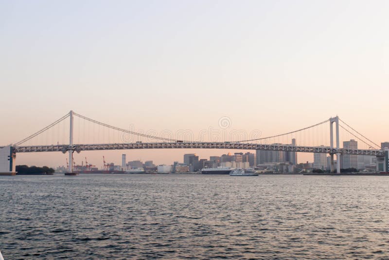 Rainbow Bridge and Single Big Boat and at Sumida River Viewpoint Stock ...