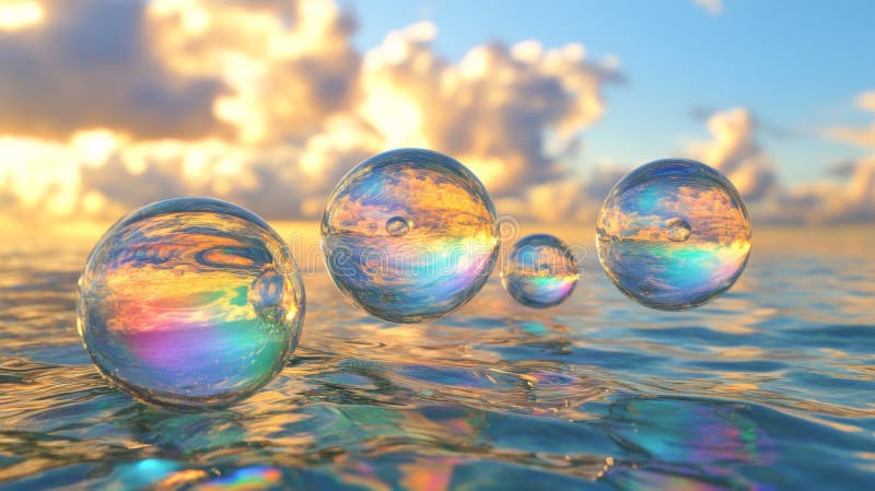 Rainbow Bubbles Floating on Calm Ocean Water at Sunset Stock ...
