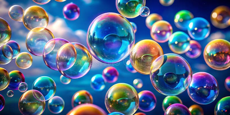 Rainbow Bubbles Floating in the Sky, Digital Art, 3D Rendered, Blue Sky ...
