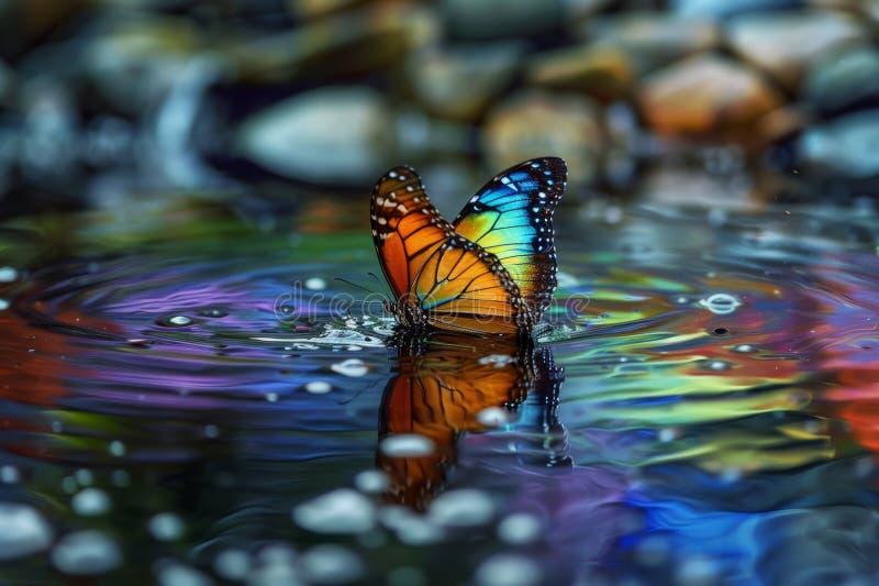 Rainbow Butterfly Emerging Out of the Water Stock Photo - Image of ...