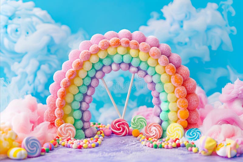 A Rainbow Cake with Candy and Clouds Stock Image - Image of arch ...
