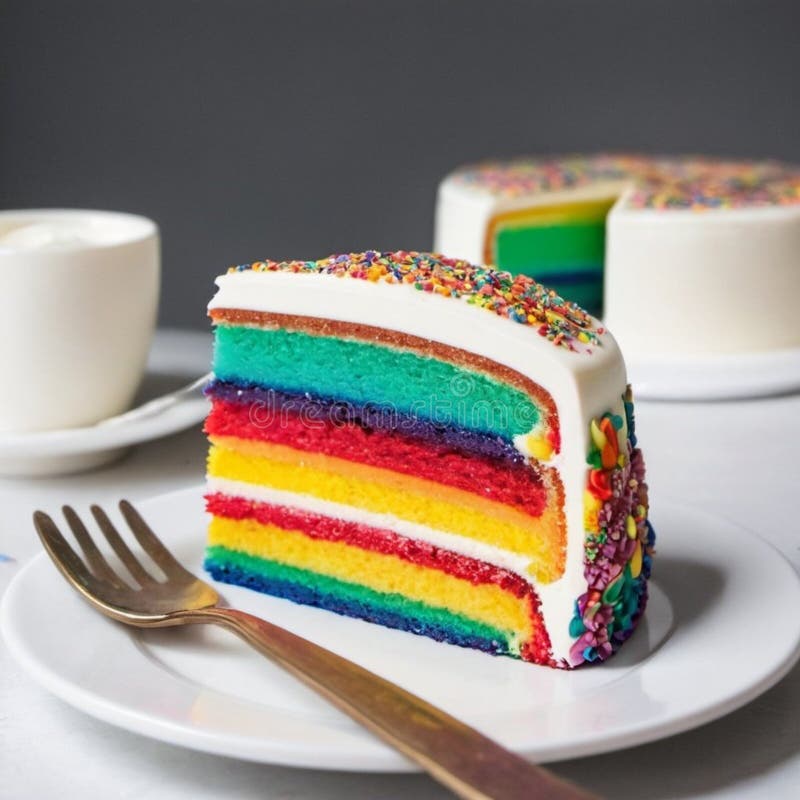 Rainbow Cake Slice with Candies on White Plate, AI Generated Image ...