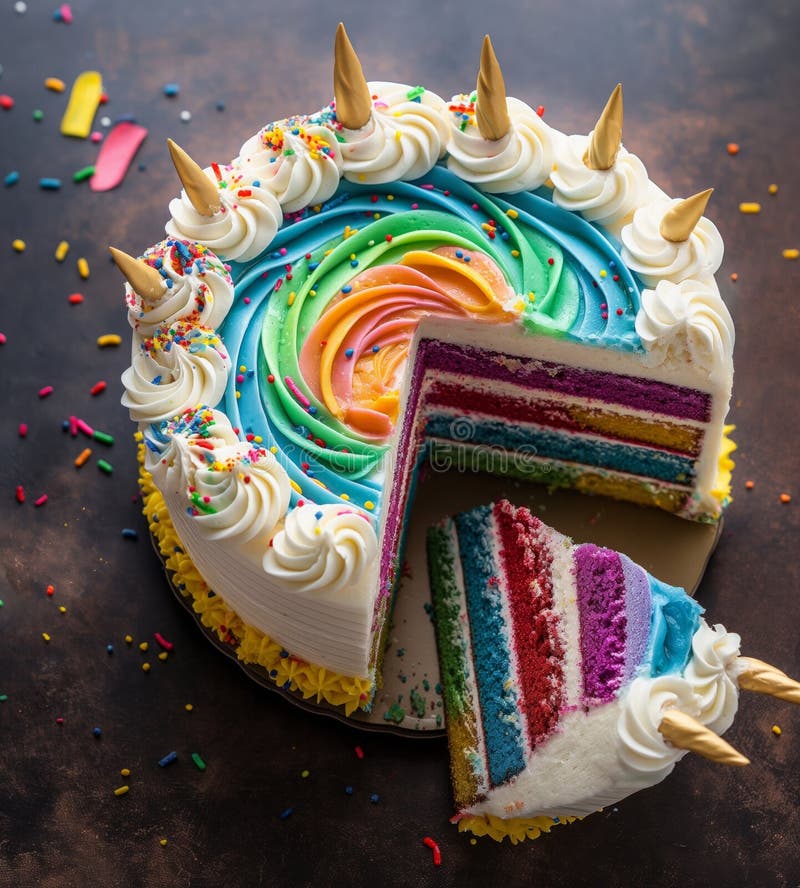 A Rainbow Cake with a Slice Missing Stock Illustration - Illustration ...