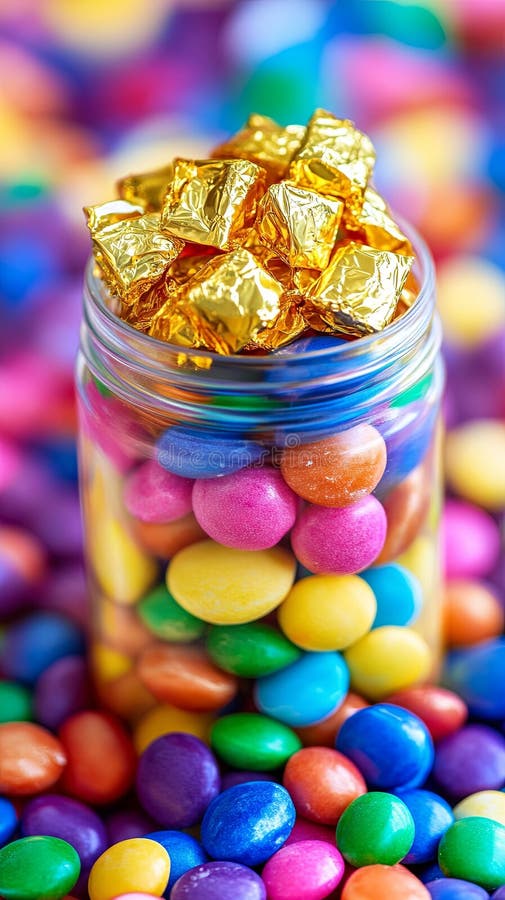 A Rainbow Candy Jar Layered with Colored Sweets, Topped with Gold Foil ...