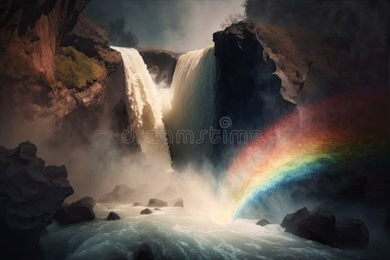 Rainbow Cascade Over the Edge of a Waterfall, into a Misty Pool Stock ...