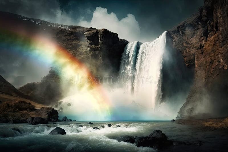Rainbow Cascading Down the Waterfall, with Mist Rising from the Water ...