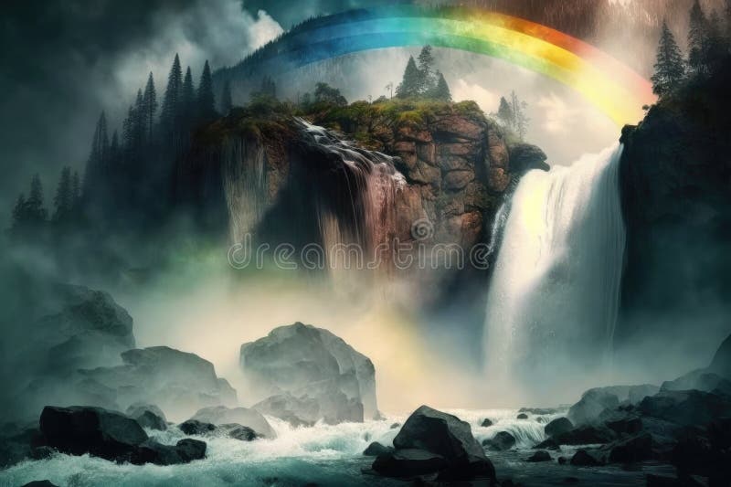 Rainbow Cascading Down the Waterfall, with Mist Rising from the Water ...