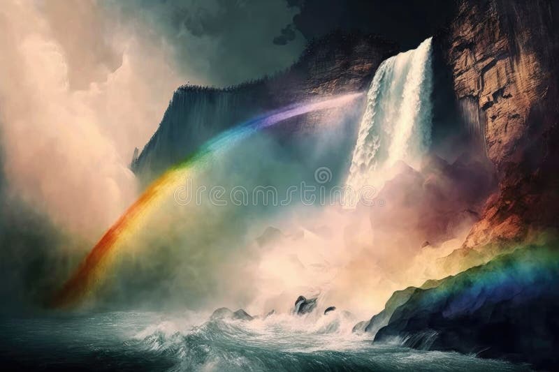 Rainbow Cascading Down the Waterfall, with Mist Rising from the Water ...
