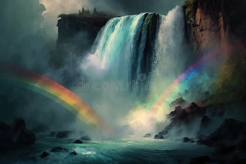 Rainbow Cascading Over Waterfall, with Mist Rising from the Water Stock ...