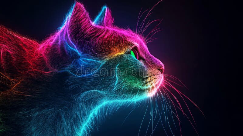 Rainbow Cat Digital Art: Vibrant Neon Particle Portrait Stock ...