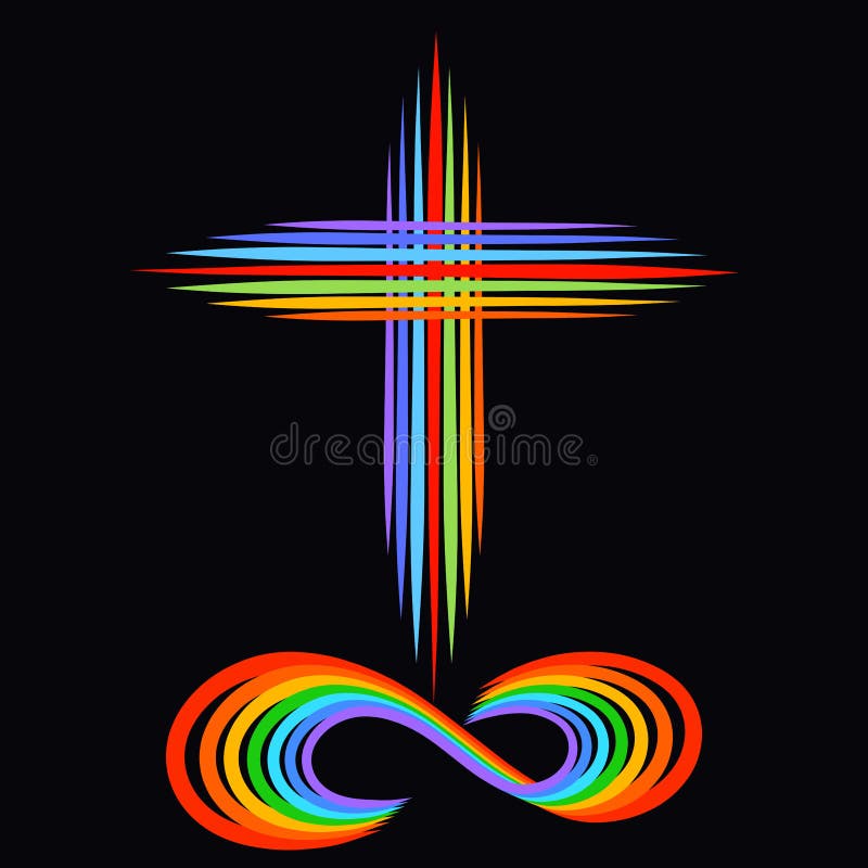 Rainbow Christian Cross and Infinity Symbol on Black Background Stock ...